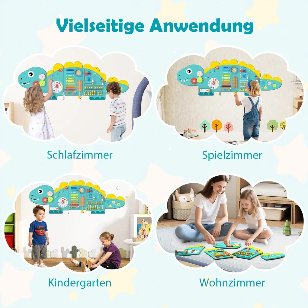 Costway Dinosaur Activity Wall pro batolata 11-in-1 Montessori dřevěná