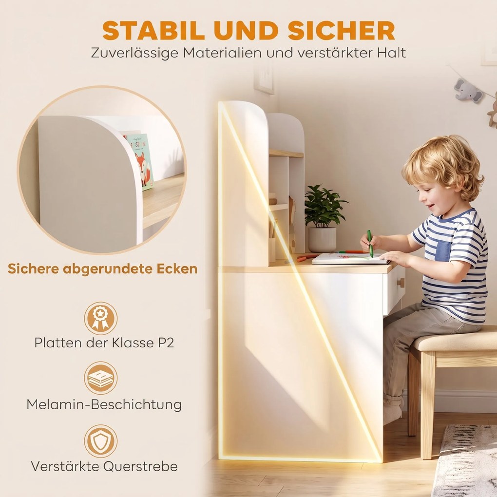 AIYAPLAY Dětský psací stůl, dětský stůl se zásuvkou, knihovnou a úložným prostorem pro děti 3-8 let, 80 x 50 x 100 cm, bílý