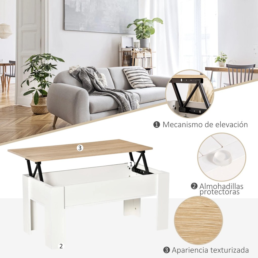 HomCom Zvedací Konferenční Stolek s Skrytým Úložným Prostorem 100x50x45-58.5 cm Bílý a Přírodní
