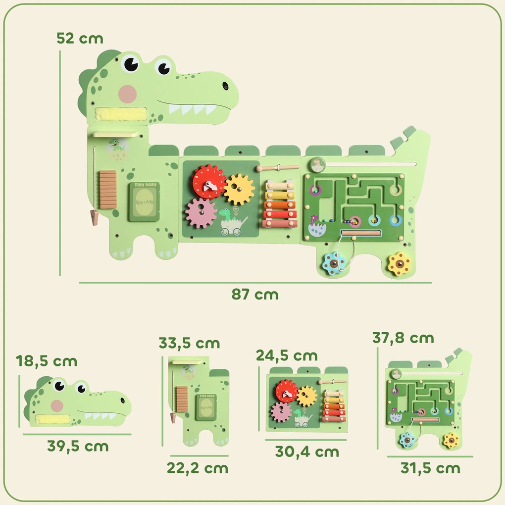AIYAPLAY Montessori motorická deska dřevěné Busy Board dinosaurus, nástěnně montovaná s xylofonem, hodinami a ozubenými koly, zvukové tyče