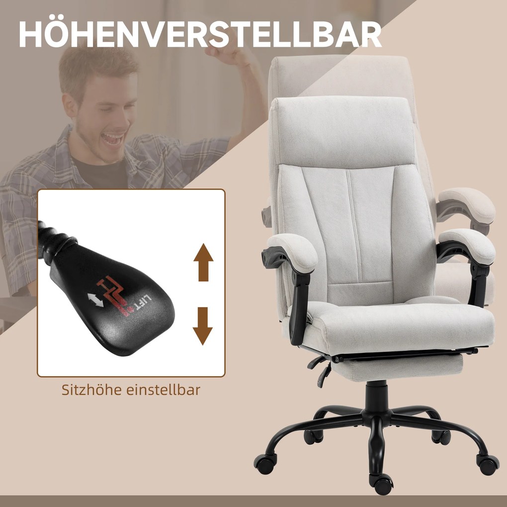Kancelářská židle Vinsetto s masážní funkcí, ergonomická manažerská židle s výškově nastavitelnou opěrkou nohou, světle šedá pro kancelář a domácí ka…