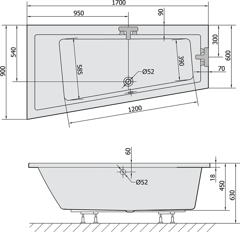 Polysan Andra L Slim 170 x 90 cm vana asymetrická akrylátová levá 81111S