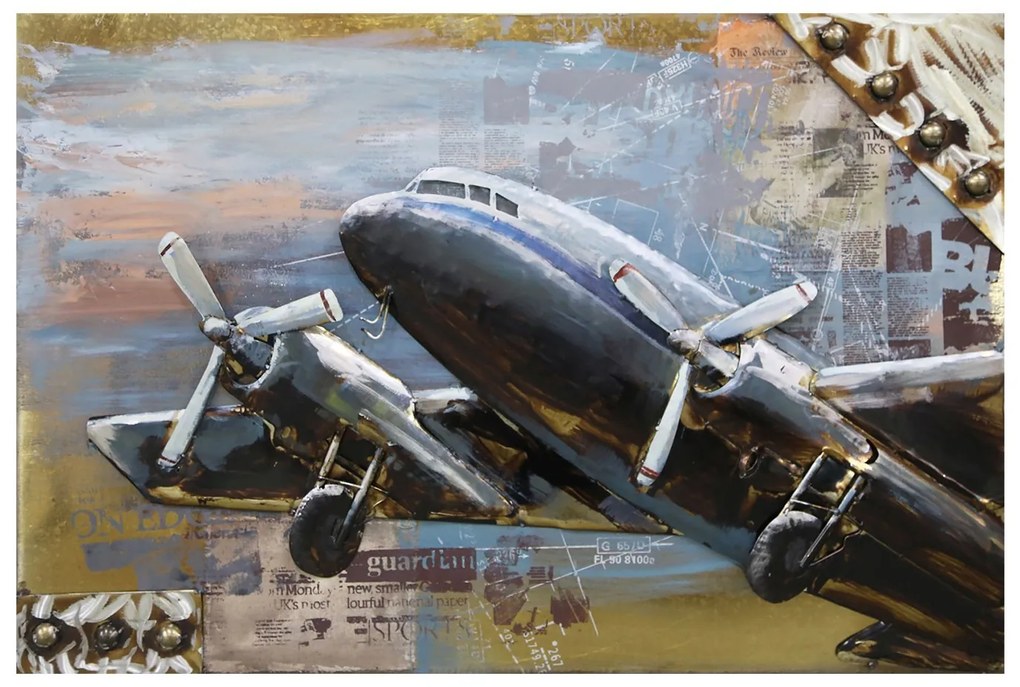 Vintage kovový obraz na stěnu s letadlem - 120*80*7 cm
