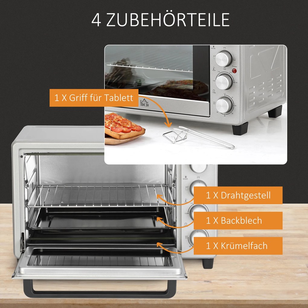 HOMCOM Mini trouba 32L, 1600W, Elektrická trouba s plechem na sběr strusky, nerez a sklo, stříbrná, 52.2x38.1x33.5cm| Aosom