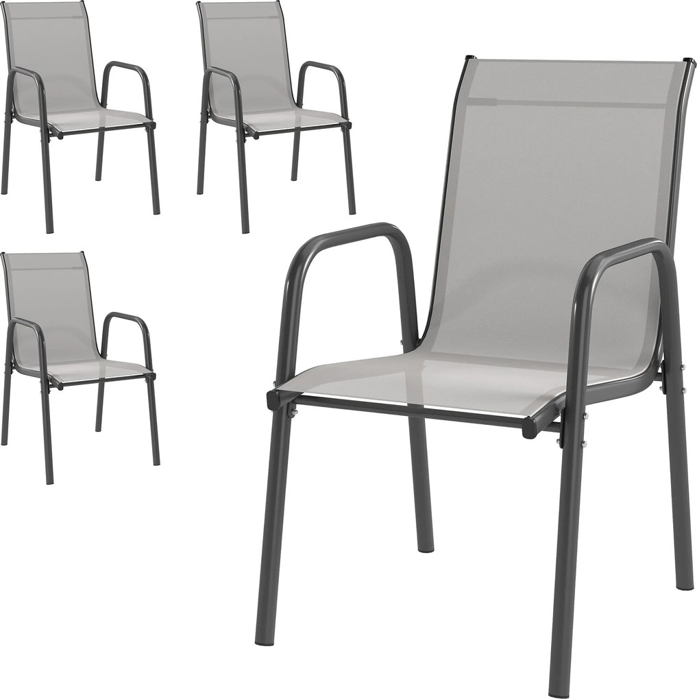 Outsunny 4ks zahradních židlí — stohovatelné, prodyšné opěradlo, opěrky paží, odolné vůči počasí, nosnost 120 kg — 51 × 69 × 87 cm — světle šedá | Aos