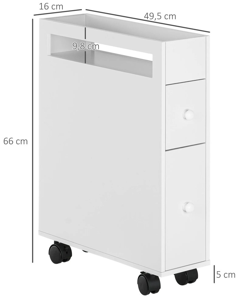 HOMCOM kleankin Koupelnová skříňka Skříňka do niky s kolečky, 2 zásuvky a otevřená přihrádka, koupelnový vozík, bílá, 16x49,5x66cm| Aosom