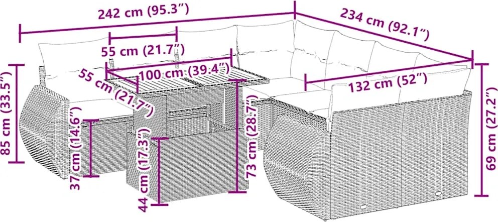 9dílná zahradní sedací souprava s poduškami béžová polyratan 3272122