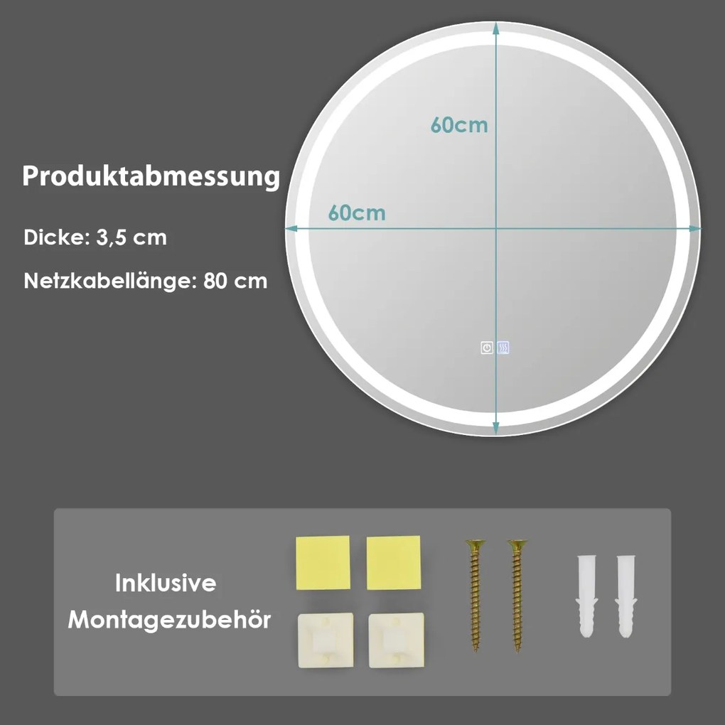 Costway Koupelnové zrcadlo Round LED zrcadlo pro montáž na stěnu 3000 K-6000 K Ø