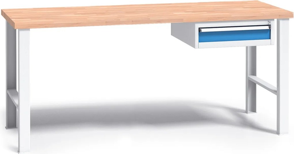 Pracovní stůl do dílny G3 se závěsným boxem na nářadí, buková spárovka, 1 zásuvka, pevné kovové nohy, 1700 mm, modrá