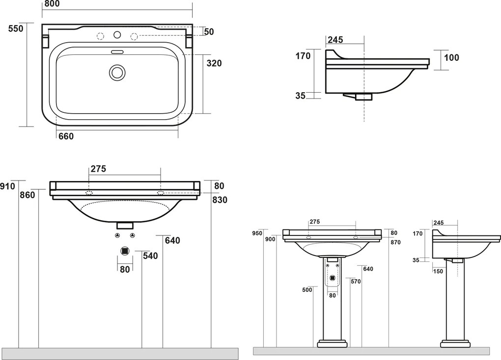 Kerasan WALDORF keramické retro umyvadlo 80x55cm 3 otvory 4141K1-3