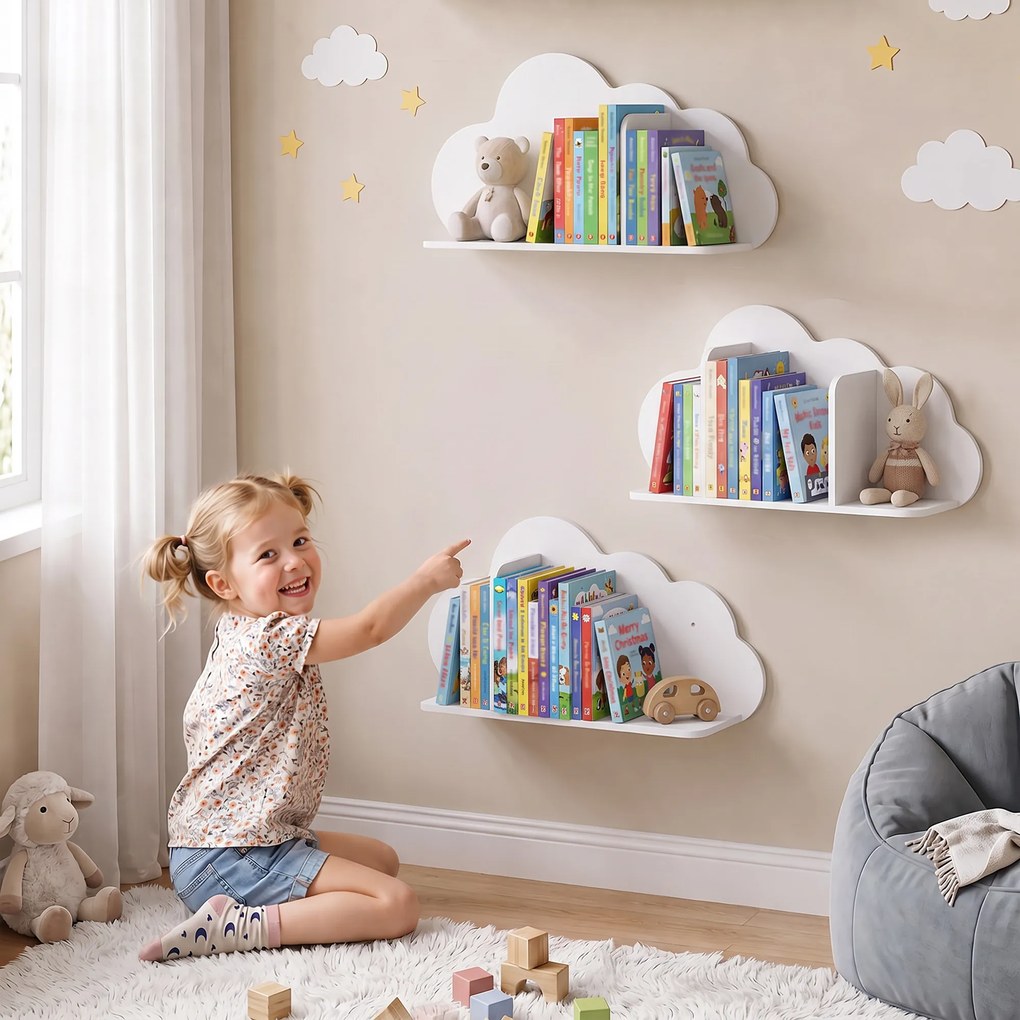 AIYAPLAY sada 3 nástěnných dětských regálů 60 cm, dětský knihovník ve tvaru oblaku, plovoucí knihovník Montessori pro 3–8 let, bílý