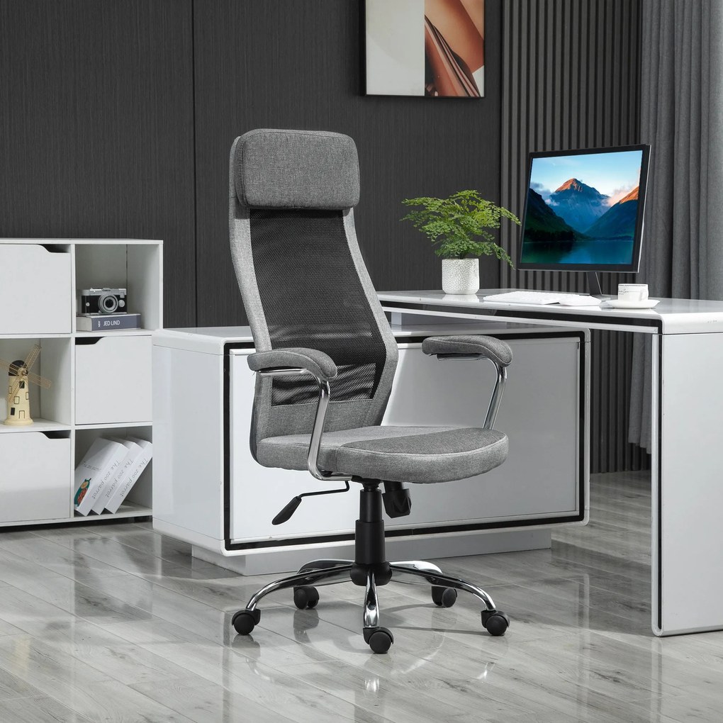 Vinsetto Ergonomická otočná kancelářská židle, nastavitelná výška a funkce houpání, síťovina, 65x67x119-129cm, Šedá