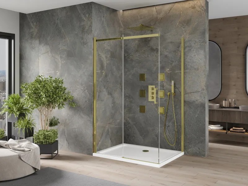 Mexen Omega posuvný sprchový kout 100 x 80 cm, 8mm sklo, zlatý profil-čiré sklo + slim sprchová vanička 5cm, 825-100-080-50-00-4010