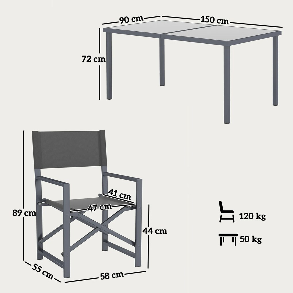 Sedací souprava 5dílná jídelní souprava ocelová pro 4 osoby Jídelní stůl se 4 skládacími židlemi Skleněný stůl šedý