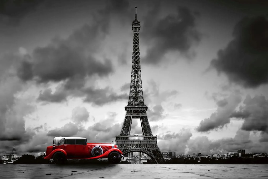 DIMEX | Samolepicí vliesová fototapeta na zeď Eiffelova věž s retro autem MA-5-2729 | 375 x 250 cm | červená, bílá, černá