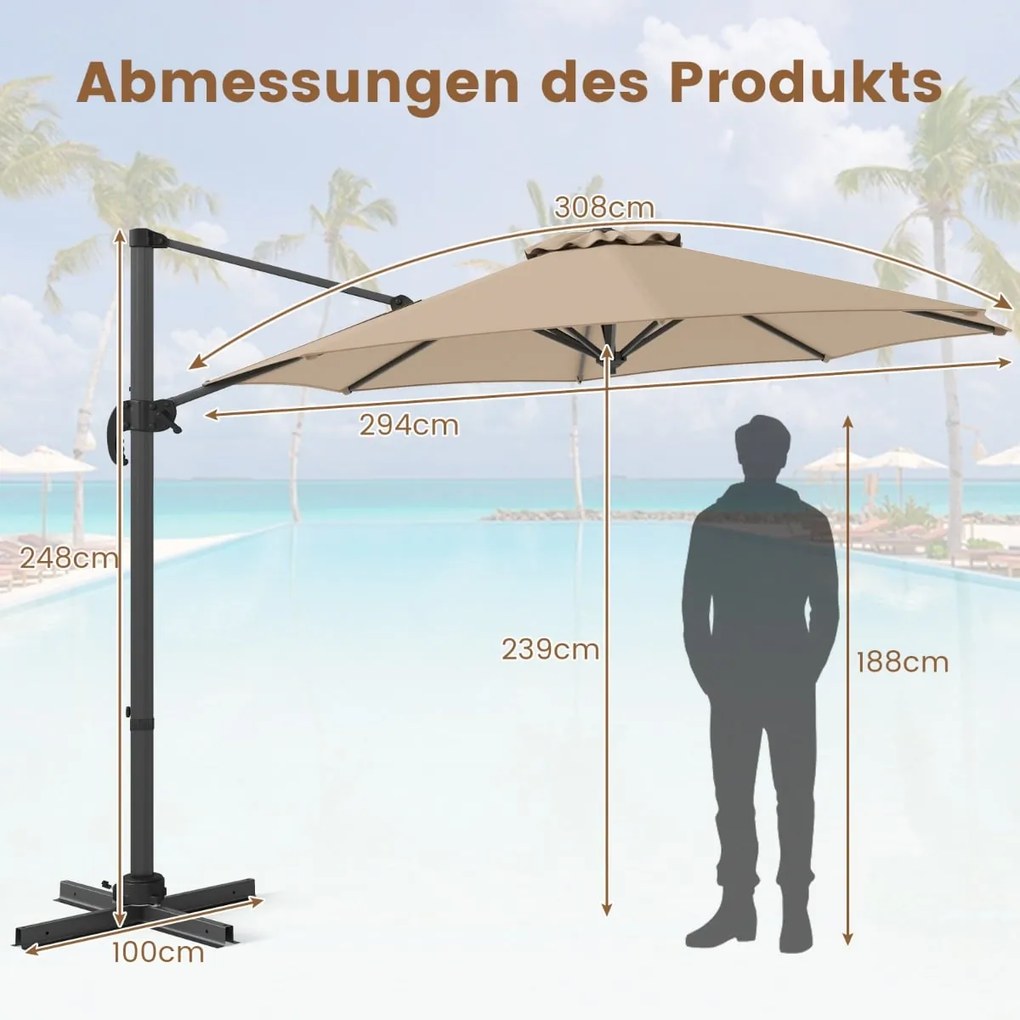 Costway Slunečník s klikou 360° otočný – 300 × 300 cm, červený