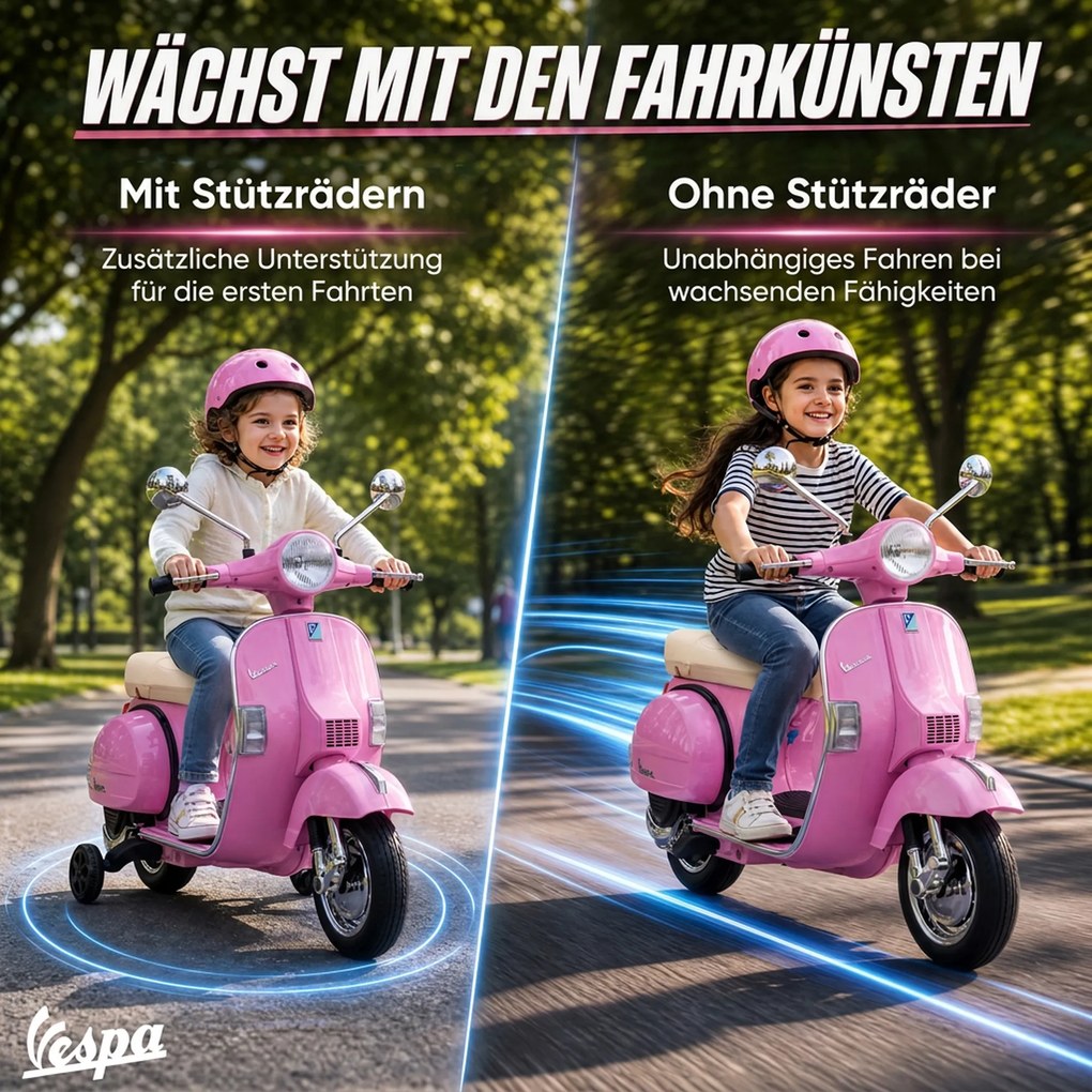 AIYAPLAY dětská elektrická Vespa PX150, Li-ion baterie, růžová