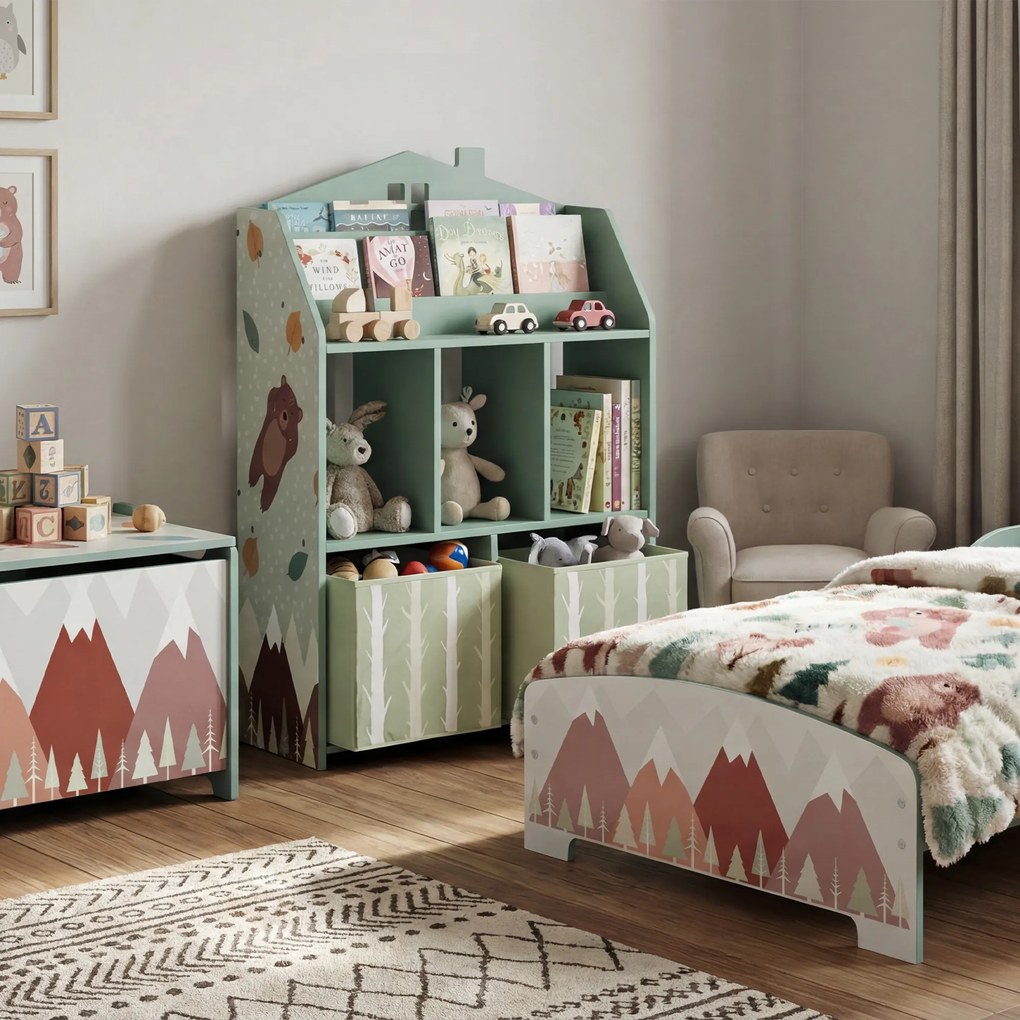 Dětský regál Dětský regál se 2 látkovými zásuvkami otevřený Regál pro 3-8 let 62,5x30x91,5 cm Zelený