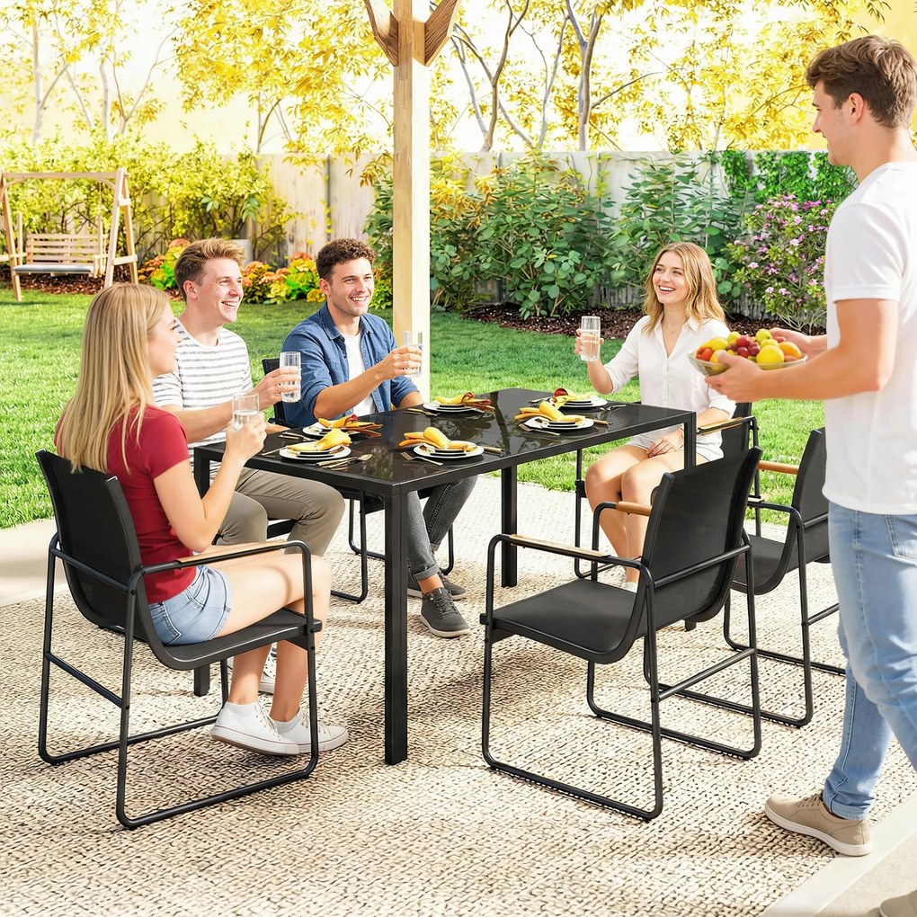Outsunny Sada zahradního nábytku Sedací souprava 150 x 80 cm Skleněný stůl se 6 prodyšnými židlemi Ozdobné područky Černá barva
