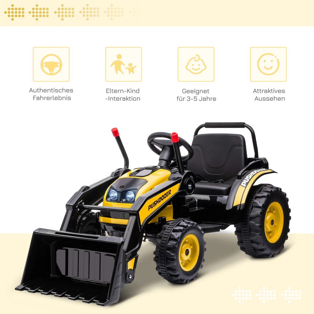 HOMCOM Dětské elektrické sedátko bagr 2 rychlostní stupně s volantem a ramenem lopaty pro 3-5 let do nosnosti 25 kg, žluté | Aosom.de