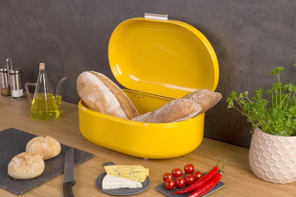 Box na pečivo RETRO, kovový chlebník, kontejner na chleba, chlebovka - barva žlutá, 40 x 25 x 17 cm