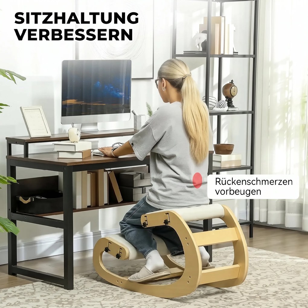 HOMCOM Klekací Židle, Ergonomická Houpací Dřevěná Klekací Židle, Nastavitelná Klekací Stolička pro Domácí Kancelář, Zlepšení Držení Těla, Bolesti Zad…
