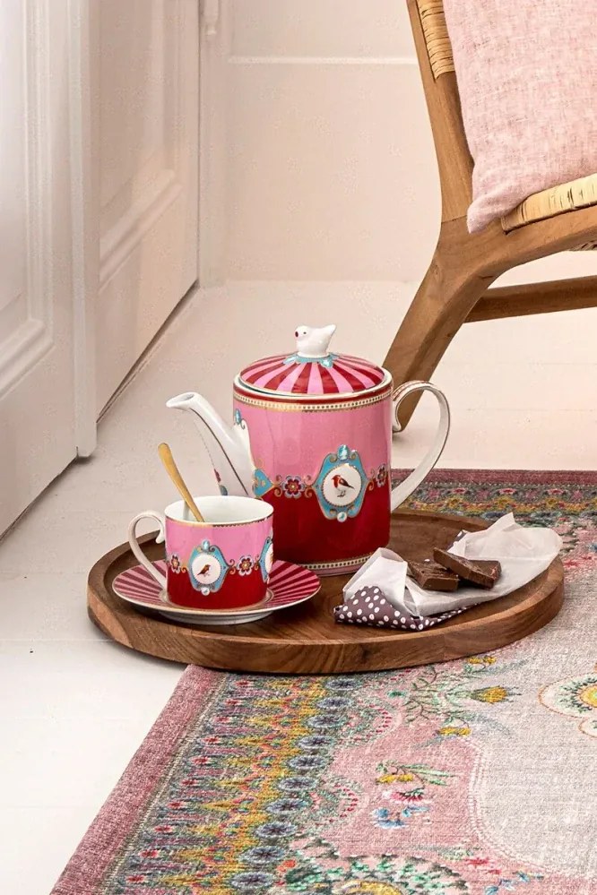 Pip Studio Love Birds čajová konvice 1,3l, červeno-růžová (čajová konvice 1,3litru)