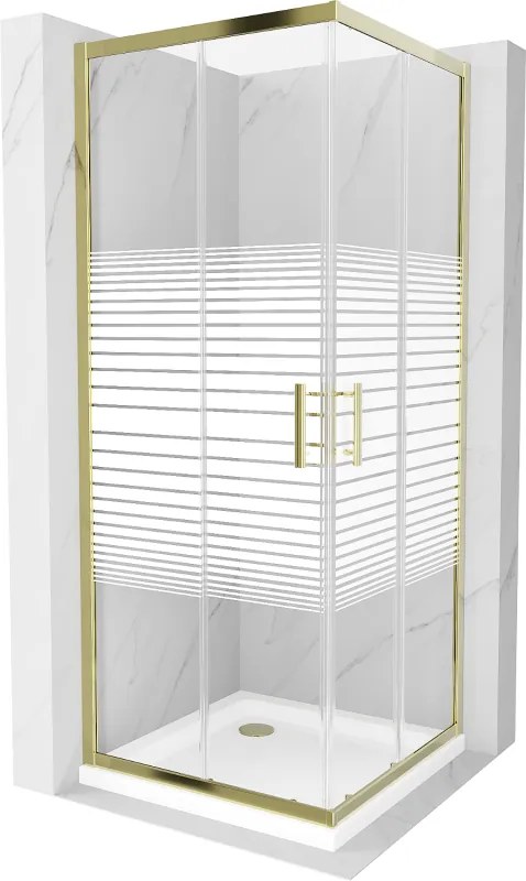 Mexen Rio, čtvercový sprchový kout s posuvnými dveřmi 70 (dveře) x 70 (dveře) x 190 cm, 5mm čiré sklo s pásky, zlatý profil + bílá sprchová vanička SLIM, 860-070-070-50-20-4010G