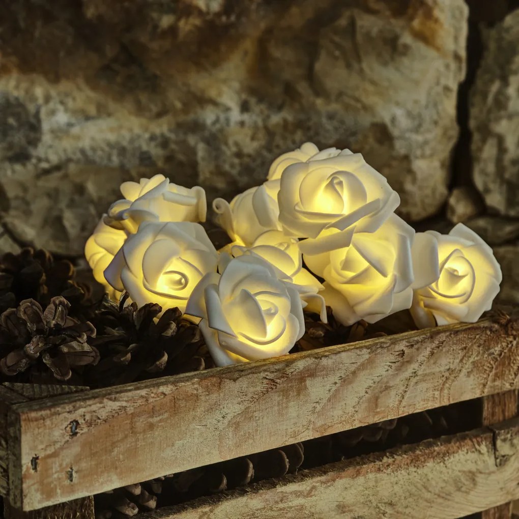 LED světýlka na baterie, růžičky, 1,8 m, teple bílá, 10 diod, čirý kabel, IP20 interiér, 2× AA