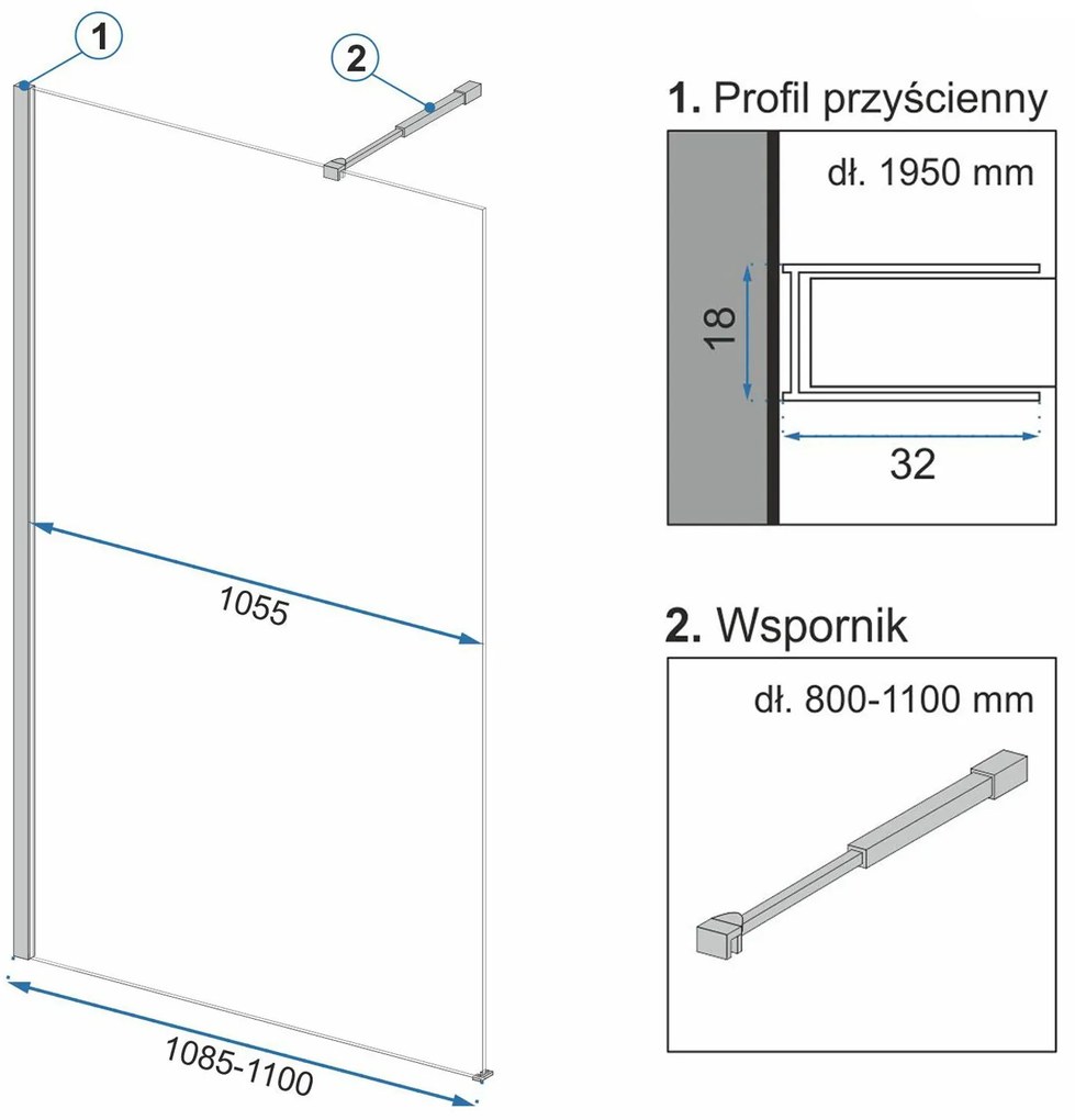 Rea Aero Ombre, sprchová zástěna Walk-In 110x195 cm, 8mm čiré sklo s černým vzorem, černý matný profil, REA-K2461