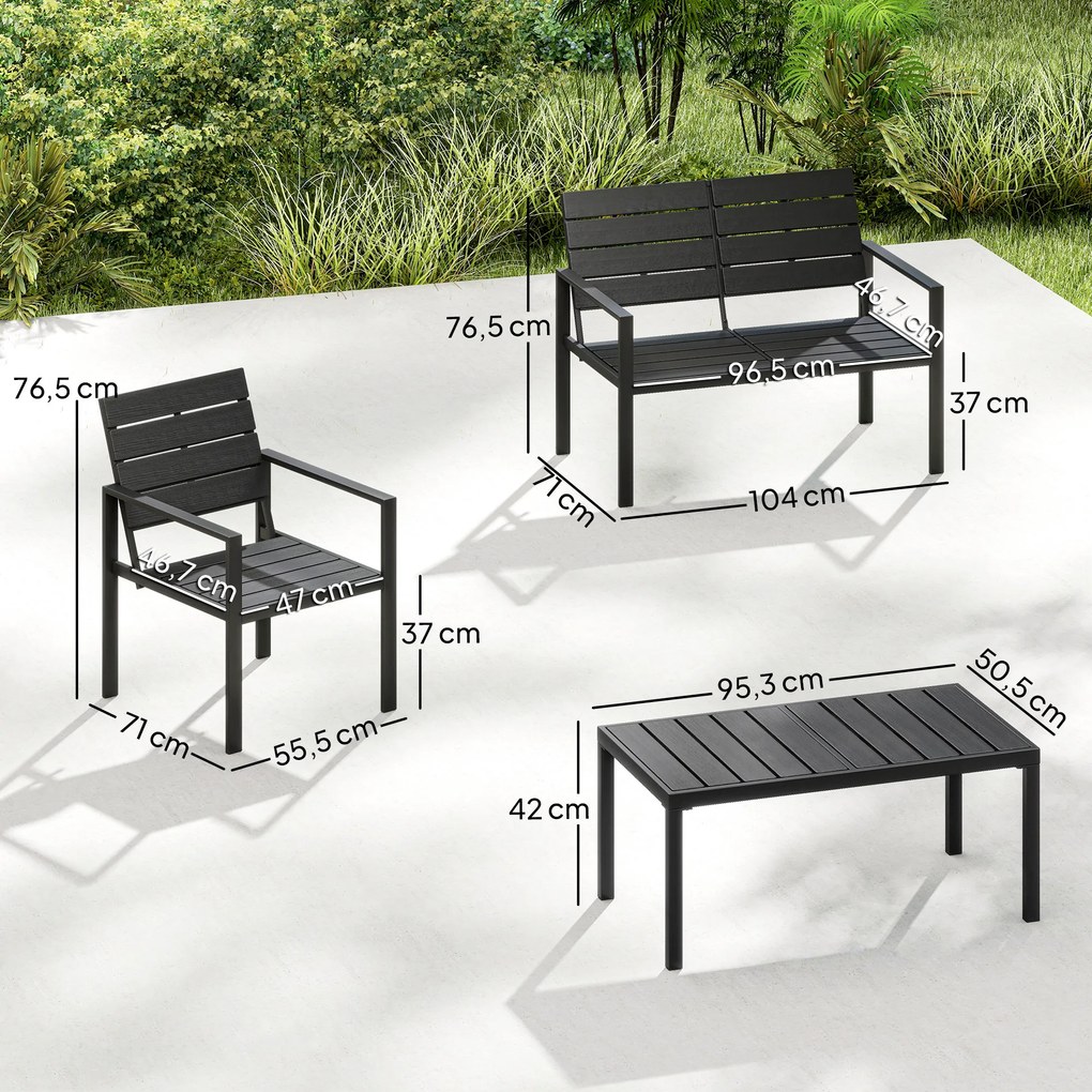 Outsunny Sada zahradního nábytku sedací souprava pro 4 osoby zahradní obývací pokoj s 2místnou pohovkou 2 křesla boční stolek lamelový design černý