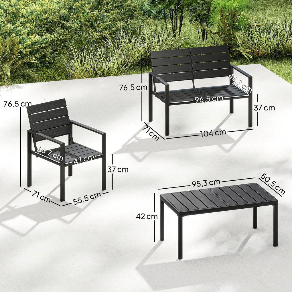 Sada zahradního nábytku sedací souprava pro 4 osoby zahradní obývací pokoj s 2místnou pohovkou 2 křesla boční stolek lamelový design černý