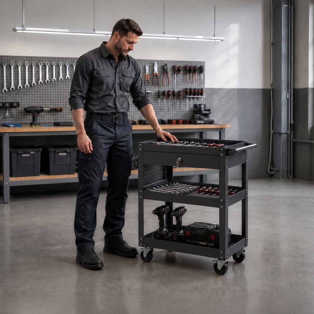 Dílenský nástrojový vozík se zásuvkou, na kolečkách, antracitový, 800x800x380 mm: FRED