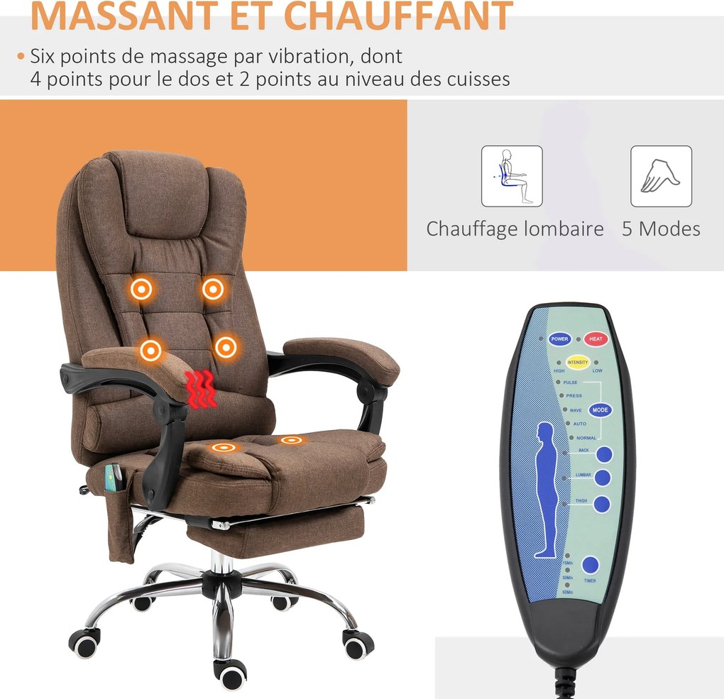 Vinsetto Masážní a Hřejivá Kancelářská Židle Ergonomická Kancelářská Židle S Nastavitelnou Výškou Sklopné Zádové Opěrky S Odkládacím Podnožím + Integ…