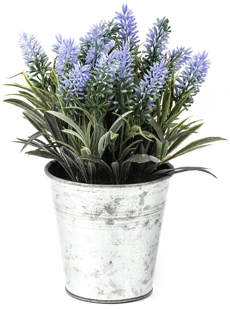 Umělá levandule v plechovém květináči modrofialová, 24 cm