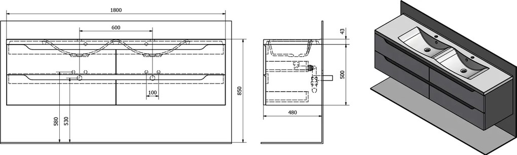 Sapho Sapho, WAVE dvouumyvadlová skříňka 180x50x48cm, bílá (WA181), WA180-3030