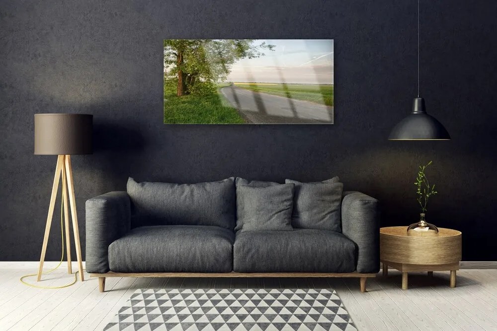 Obraz na skle Scesta Strom Tráva Krajina 125x50 cm