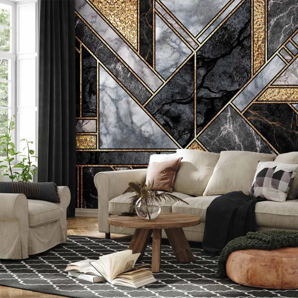 Fototapeta Geometrické art deco - šedý a černý mramor s ​​zlatými vzory