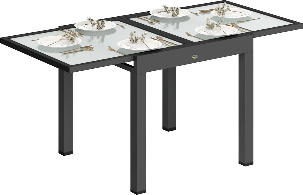 Outsunny Velký Rozšiřitelný Zahradní Stůl rozložené rozměry 160D x 80Š x 75V cm Tmavě Šedý Hliníkový Stůl s Temperovaným Sklem Transparentní