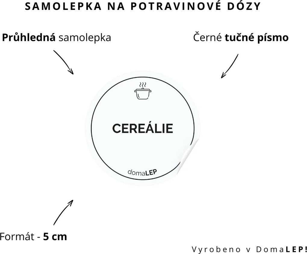 CEREÁLIE - omyvatelná samolepka na dózu, výběr rozměrů Ø 5 cm / 5 x 5 cm / 6 x 8 cm | DomaLEP tvar: OBDÉLNÍK, barva: PRŮHLEDNÁ - ČERNÉ písmo, velikost: š. 6 cm x v. 8 cm – základní písmo
