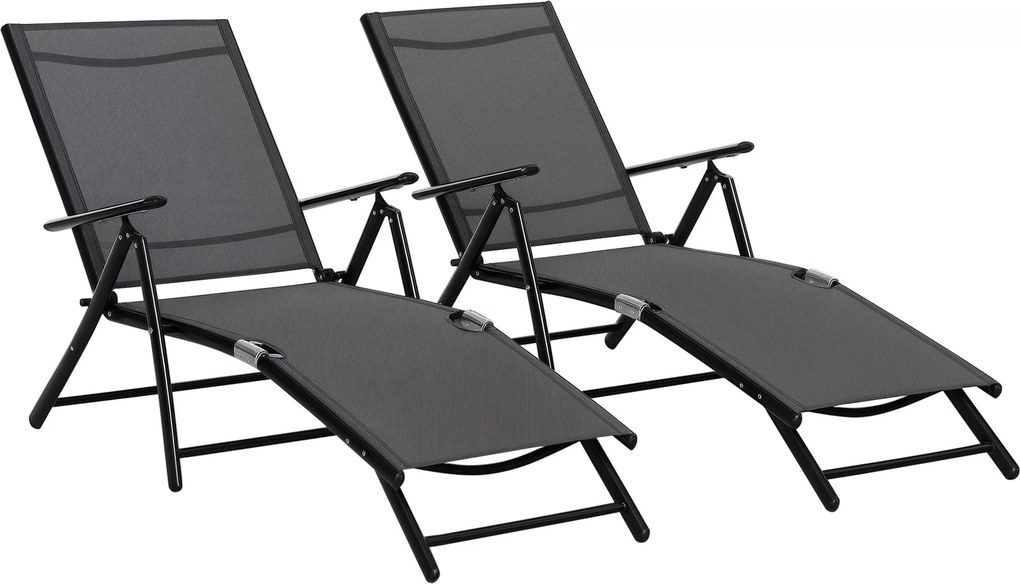 Set 2 skládacích zahradních lehátek Outsunny s 7-mi polohovým nastavitelným opěradlem, hliníkové lehátko na pláž s prodyšnou síťovinou, černé | Aosom