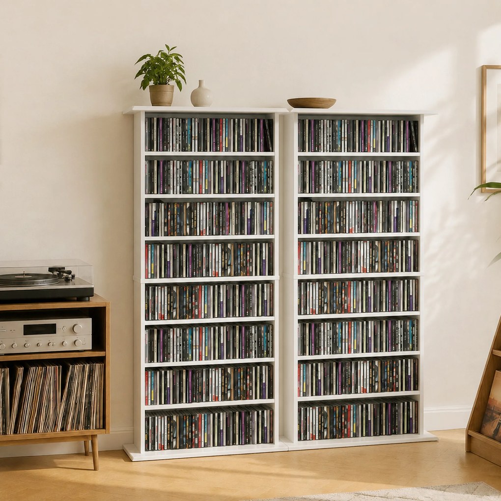 HOMCOM Úzká mediální skříň, 8 pater, 6 nastavitelných polic, 8 přihrádek, pro 360 CD, bílá