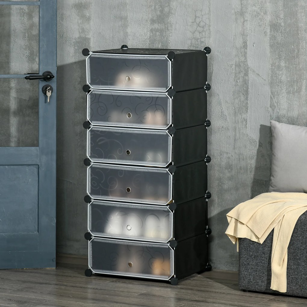 HOMCOM Úložný box na boty DIY zásuvný stojan na 6 párů bot, plast/ocel, černý+bílý, 49x36.5x108cm