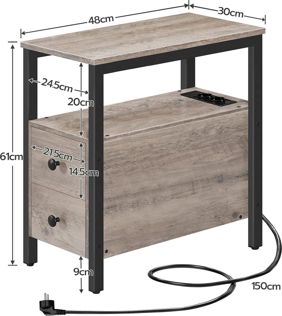 Noční stolek Vasagle Drill 30 cm s nabíjecí stanicí šedý/černý