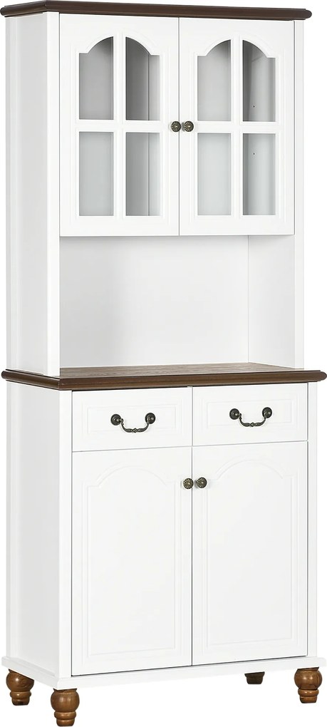 HOMCOM Kuchyňská skříňka, 76x38x182cm, kuchyňský bufet se 2 zásuvkami, vysoká skříňka s otevřeným prostorem, vitrína s funkcí tichého zavírání, bílá|…