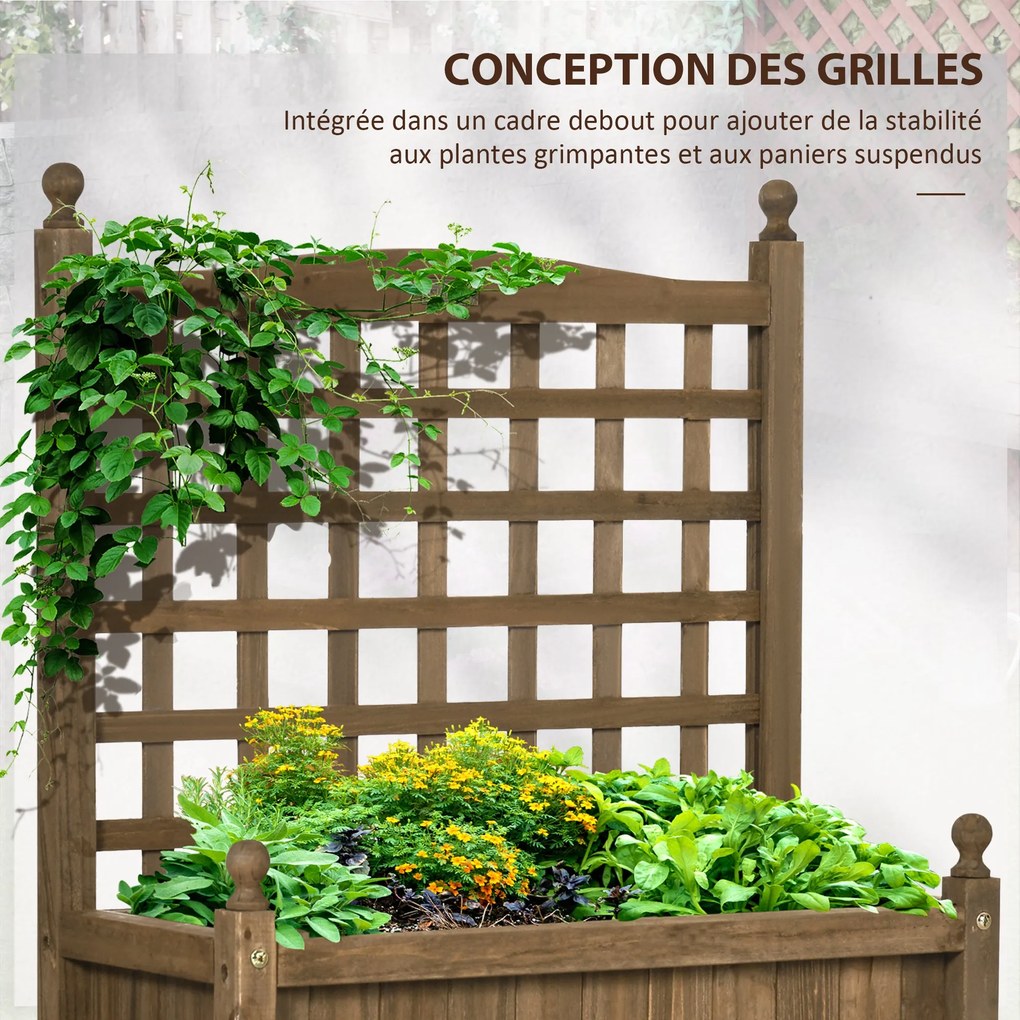 Zahradní truhlík s mříží Outsunny - Květinový box - Vysoký truhlík - rozměry 64D x 28Š x 75V cm, včetně zavlažovacích vložek z ošetřeného smrkového dř