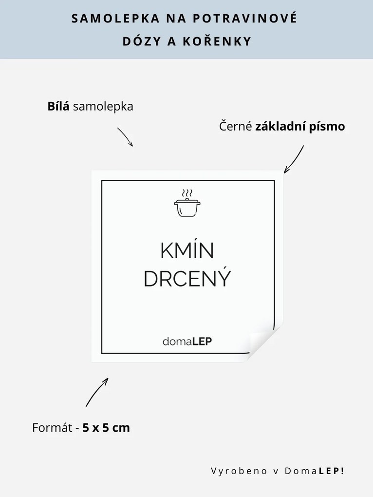 Samolepka na kořenky KMÍN DRCENÝ bílá 5 × 5 cm základní písmo