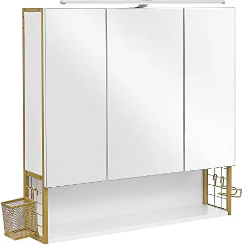 Koupelnová zrcadlová skříňka s osvětlením, bílá-zlatá, 14,5×70×70 cm