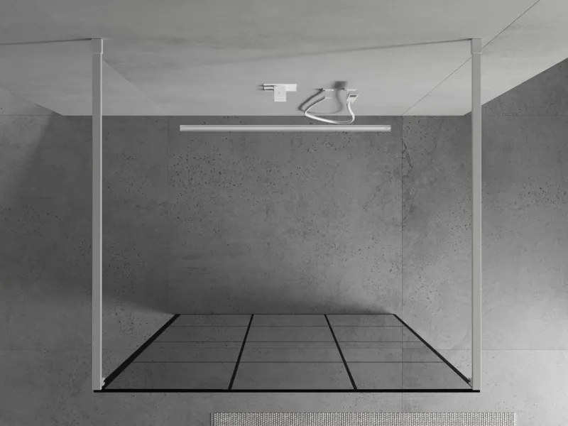 Mexen Kioto, průchozí sprchová zástěna 120 x 200 cm, 8mm sklo čiré/černý vzor, 2x bílá stabilizační rozpěra, 800-120-002-20-77