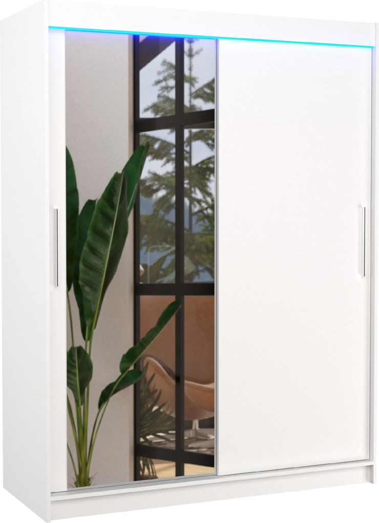 ADRK Furniture Posuvná skříň se zrcadlem a LED osvětlením BIANCO 150 SW-BIA-W-150+L-V149